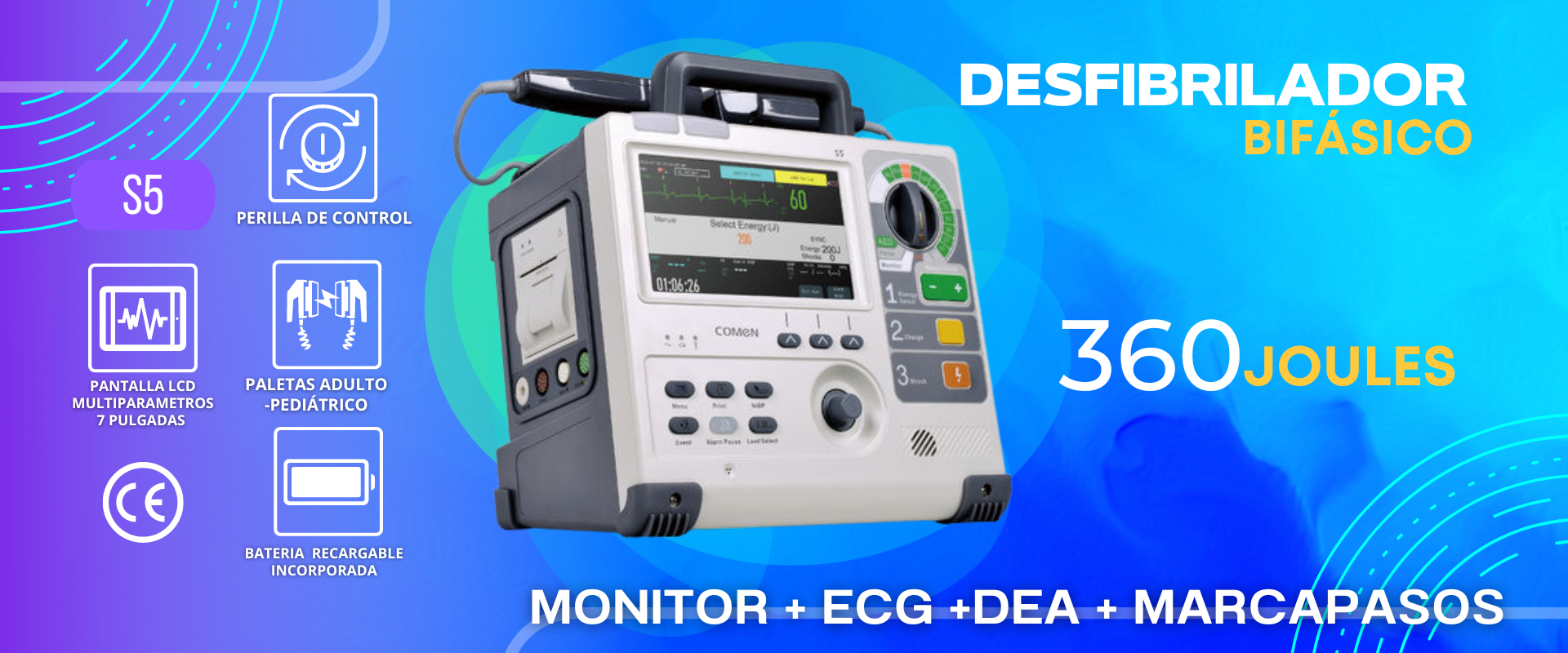 Desfibrilador DEA - Monitor - Bifásico 360 Joules.